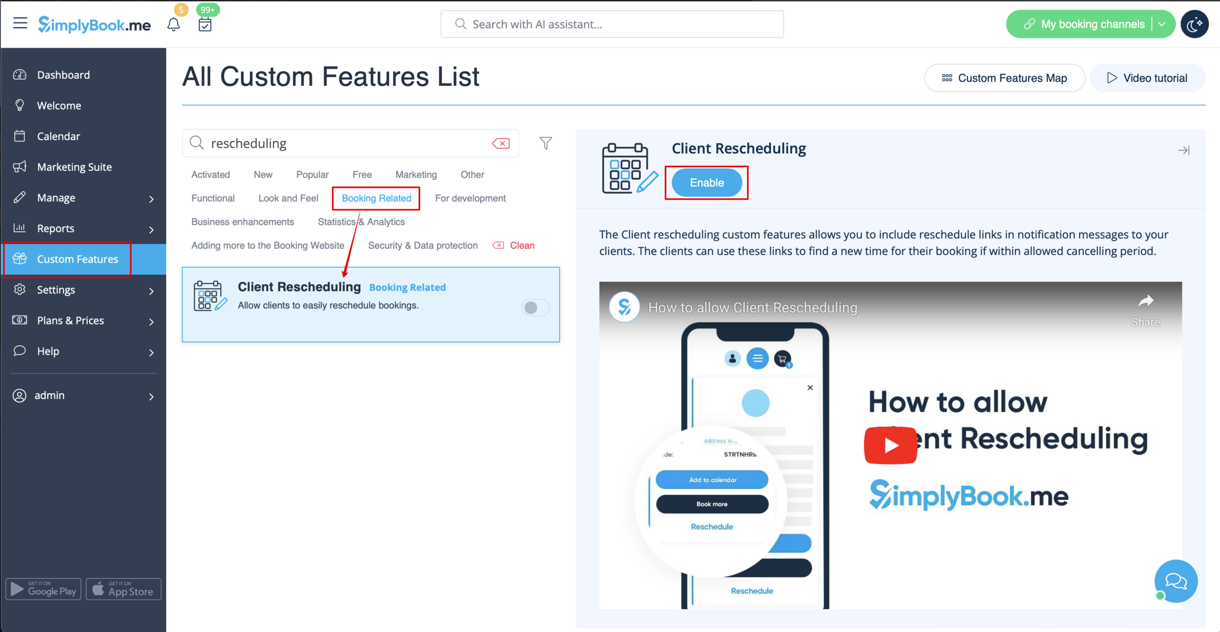 Client Rescheduling custom feature - Client Rescheduling using SimplyBook.me