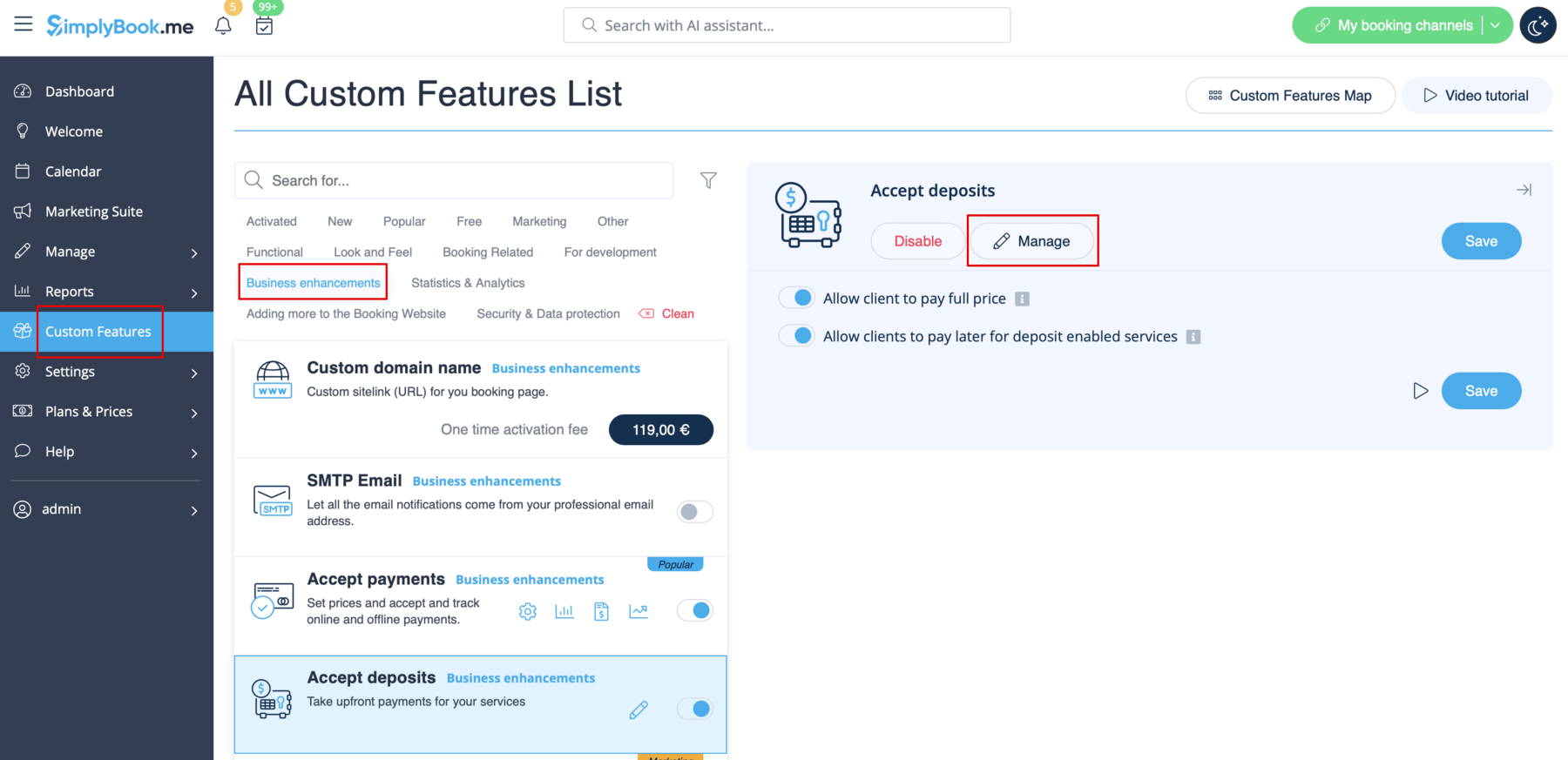 Accept deposits custom feature - Custom Features - SimplyBook.me